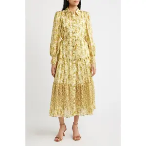 Julia Jordan Tile Print Long Sleeve Tiered Shirtdress