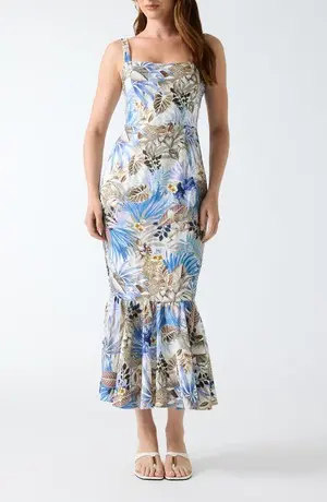 Guess Rory Tropical Print Mermaid Hem Midi Dress - Brown Multi