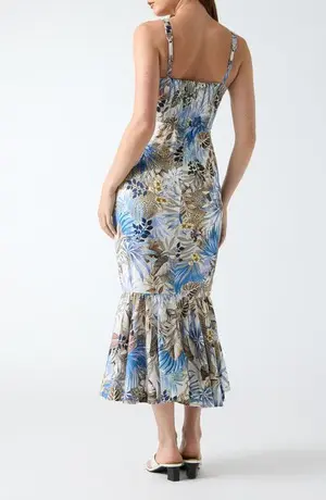 Guess Rory Tropical Print Mermaid Hem Midi Dress