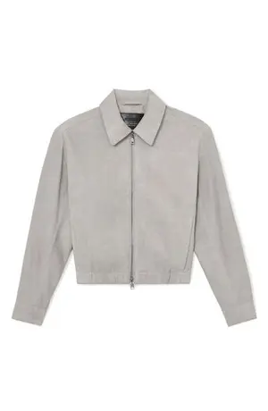 REISS Lottie Goatskin Suede Cropped Jacket - Light Grey
