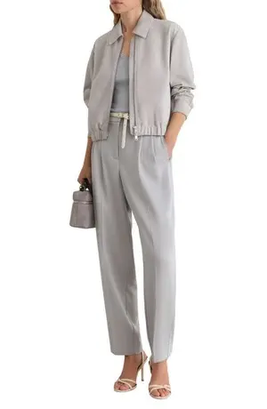 REISS Lottie Goatskin Suede Cropped Jacket - Light Grey