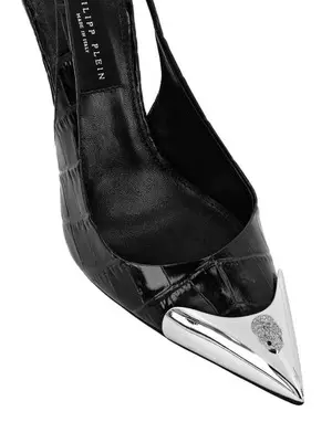 Philipp Plein Croc Effect Slingback Stiletto Heels With Skull Embellishment