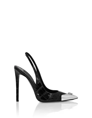 Philipp Plein Croc Effect Slingback Stiletto Heels With Skull Embellishment