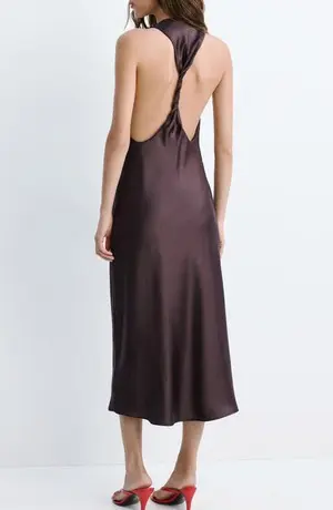 Mango Satin Open Back Jewel Neck Sleeveless Dress - Chocolate