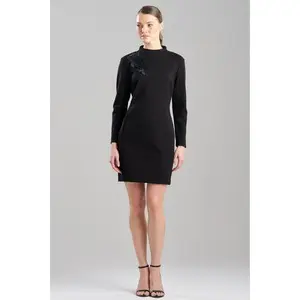Natori Double Knit Mock Neck Sheath Dress With Embellishment - Black