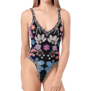SELF-ADORE Flower Hand Beaded Embellished One Piece Swimsuit - Black