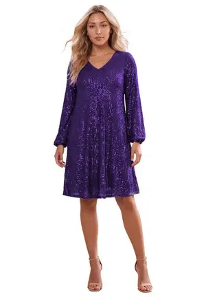 Roaman's Sequin Mesh V-neck Swing Dress With Blouson Sleeves - Midnight Violet