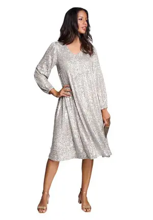 Roaman's Sequin Mesh V-neck Swing Dress With Blouson Sleeves - Silver Shimmer