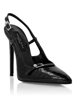 Philipp Plein Slingback High Heels With Croc Print And Embellished Buckle - Black