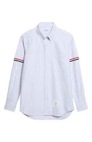 Thom Browne Straight Fit Armband Stripe Cotton Button-down Shirt - Medium Grey