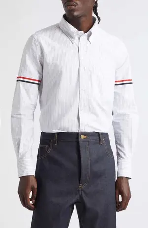 Thom Browne Straight Fit Armband Stripe Cotton Button-down Shirt - Medium Grey