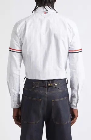 Thom Browne Straight Fit Armband Stripe Cotton Button-down Shirt - Medium Grey