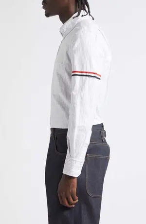 Thom Browne Straight Fit Armband Stripe Cotton Button-down Shirt - Medium Grey