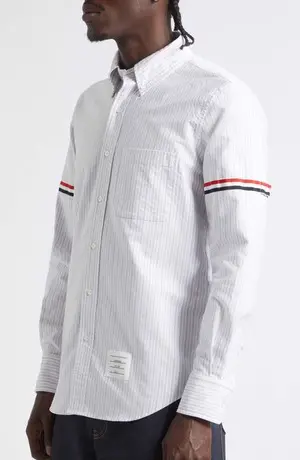 Thom Browne Straight Fit Armband Stripe Cotton Button-down Shirt - Medium Grey