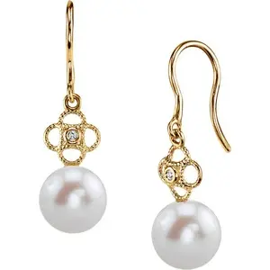 The Pearl Source 14k Gold Freshwater Pearl And Diamond Drop Earrings - Yellow Gold