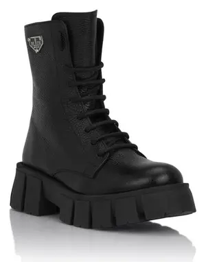 Philipp Plein Leather Lace-up Combat Boots - Black