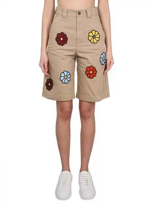 Moncler Jw Anderson Cotton Gabardine Bermuda Shorts With Floral Appliques - Cream