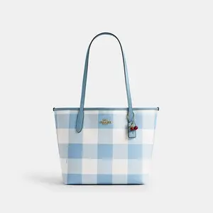 COACH OUTLET Medium City Tote Bag With Gingham Print And Charm - Gold/blue Multi