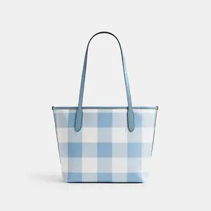 COACH OUTLET Medium City Tote Bag With Gingham Print And Charm