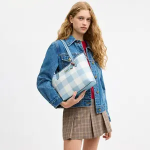 COACH OUTLET Medium City Tote Bag With Gingham Print And Charm