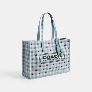 COACH OUTLET Tote Bag With Gingham Print - Gold/blue Multi