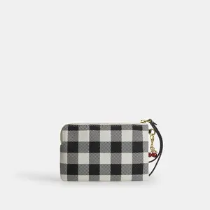 COACH OUTLET Corner Zip Wristlet With Gingham Print And Charm - Gold/black Multi