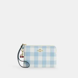 COACH OUTLET Corner Zip Wristlet With Gingham Print And Charm - Gold/blue Multi