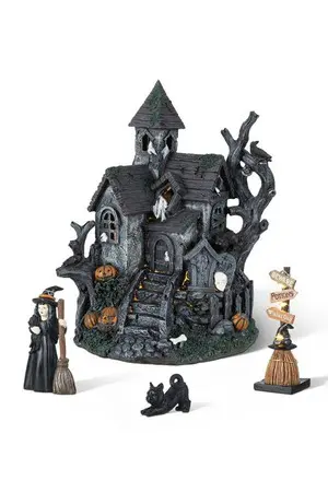 GLITZHOME Set Of 4 Halloween Lighted Resin Haunted House With Timer - Black