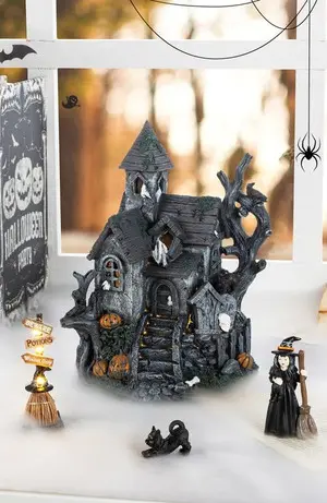 GLITZHOME Set Of 4 Halloween Lighted Resin Haunted House With Timer