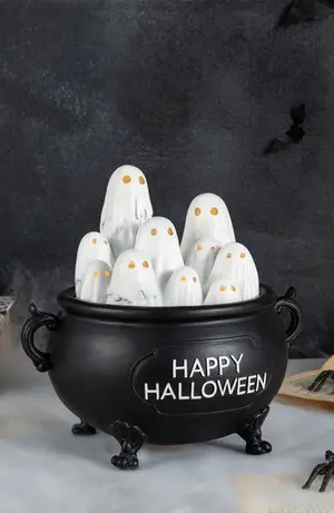 GLITZHOME Halloween Lighted Polyresin Ghosts In Cauldron Table Decor With Timer