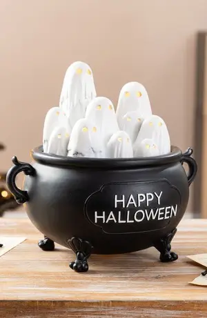 GLITZHOME Halloween Lighted Polyresin Ghosts In Cauldron Table Decor With Timer