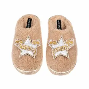 LAINES LONDON Teddy Closed Toe Slippers With Star Brooches - Brown/gold