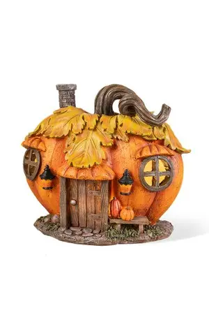 GLITZHOME 8.5"l Fall Lighted Resin Pumpkin House Table Decor With Timer - Brown
