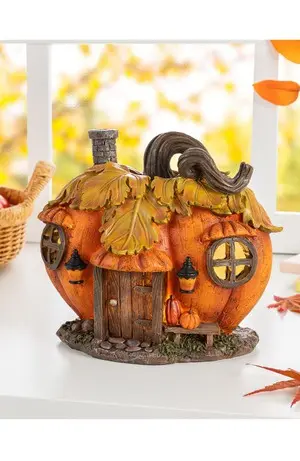 GLITZHOME 8.5"l Fall Lighted Resin Pumpkin House Table Decor With Timer