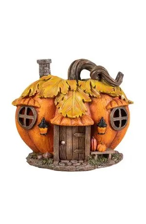 GLITZHOME 8.5"l Fall Lighted Resin Pumpkin House Table Decor With Timer