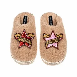 LAINES LONDON Teddy Closed Toe Slippers With Embellished Brooches - Brown/gold