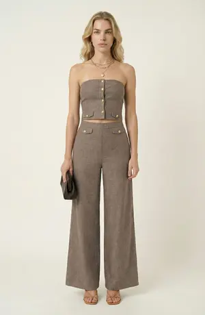 MODENAIRE Strapless Button-front Crop Top And Wide-leg Pants Two-piece Set - Grey