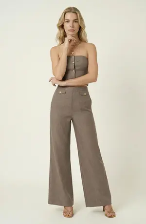 MODENAIRE Strapless Button-front Crop Top And Wide-leg Pants Two-piece Set
