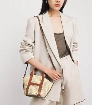 Harrods Small Raffia Tote Bag With Leather Accents