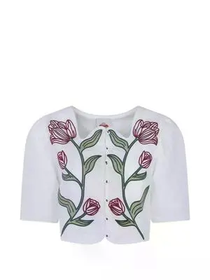 Farm Rio Embroidered Puff Sleeve Cropped Top - White