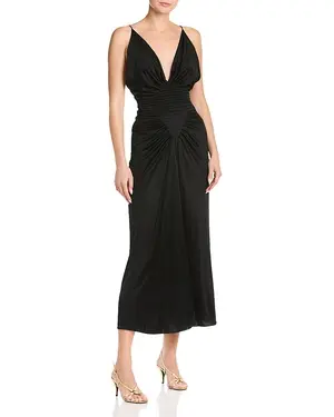 Versace Draped Plunging Neck Gown - Black