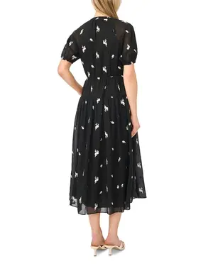 CECE DUPRAZ Embroidered Puff Sleeve Tie Waist Midi Dress