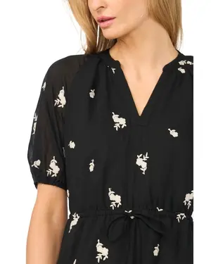 CECE DUPRAZ Embroidered Puff Sleeve Tie Waist Midi Dress