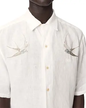 ALLSAINTS Avia Embroidered Swallows Linen Shirt - Ecru
