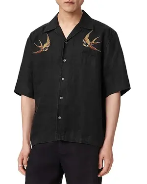 ALLSAINTS Avia Embroidered Swallows Linen Shirt - Orca Black