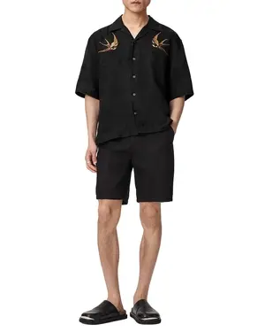 ALLSAINTS Avia Embroidered Swallows Linen Shirt - Orca Black