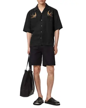 ALLSAINTS Avia Embroidered Swallows Linen Shirt - Orca Black