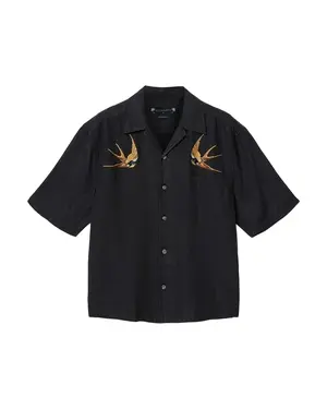 ALLSAINTS Avia Embroidered Swallows Linen Shirt - Orca Black