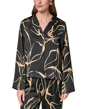 Donna Karan New York Printed Long Sleeve Button Up Top - Black/ Fawn