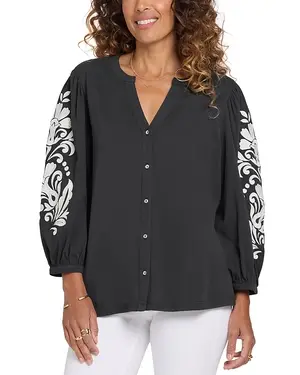 NYDJ Embroidered Sleeve Split Neck Blouse